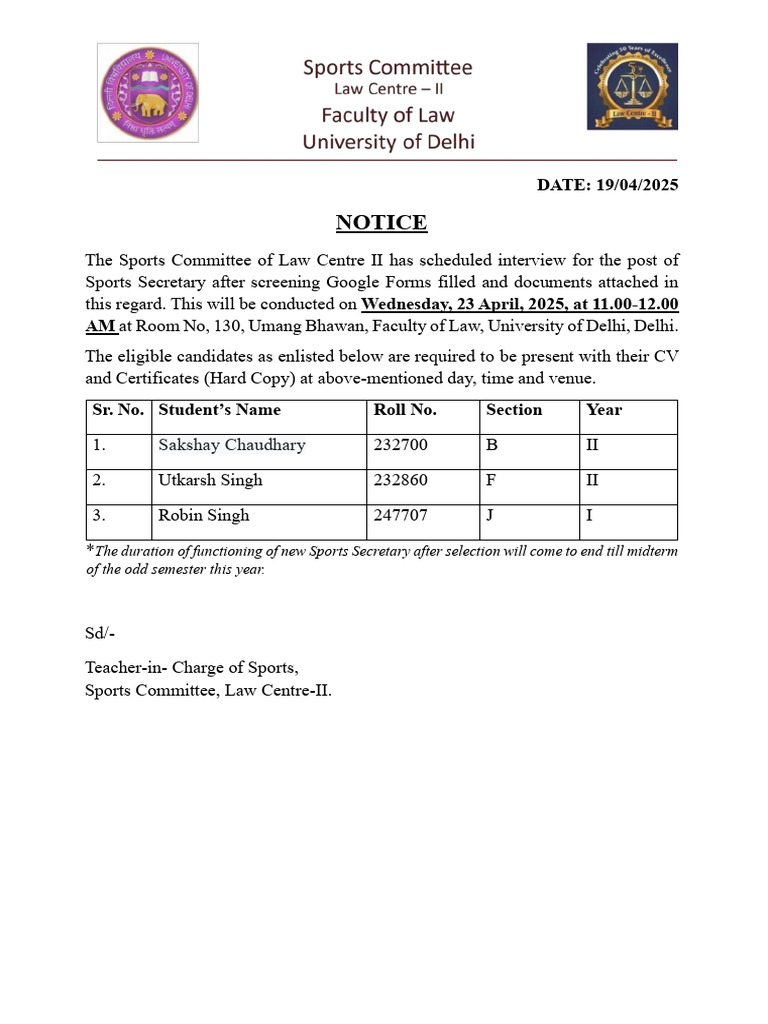 Notice - Interview For Sports Secratery - 19 April | PDF