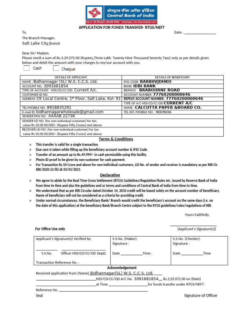RTGS Funds Transfer Application Form | PDF | Financial Technology ...