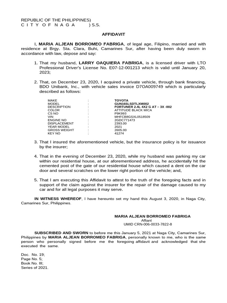 Affidavit For Insurance Claim - Fabriga | PDF | Affidavit | Transport