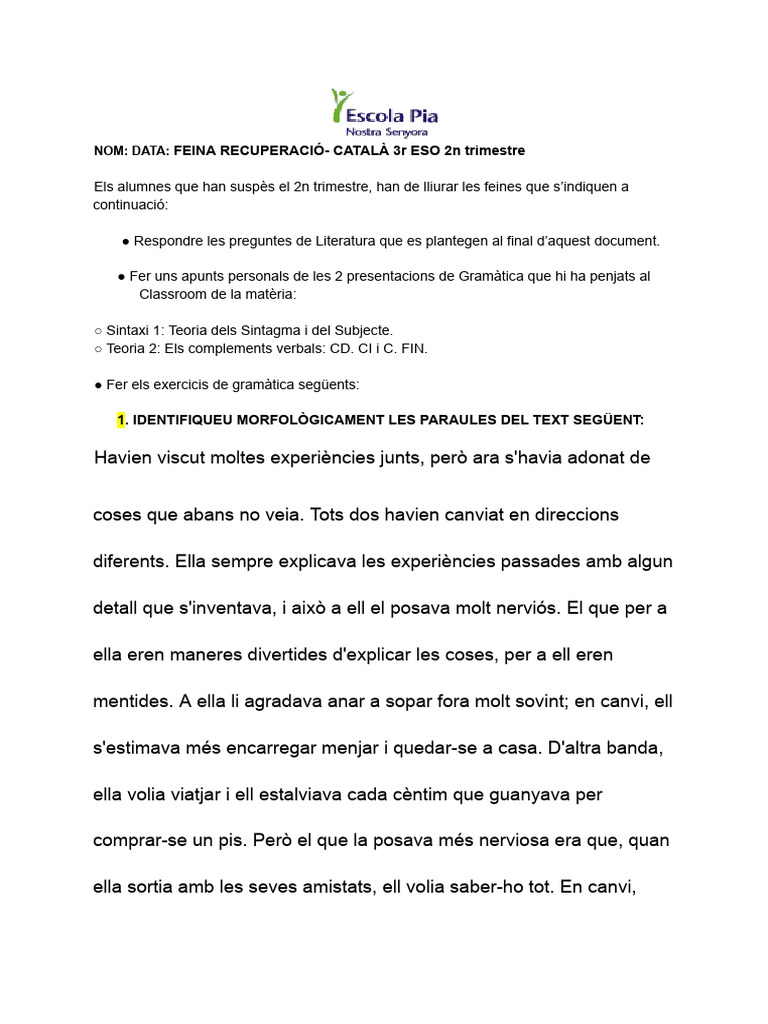 Recuperació (Català 3r - 2n Trimestre) | PDF
