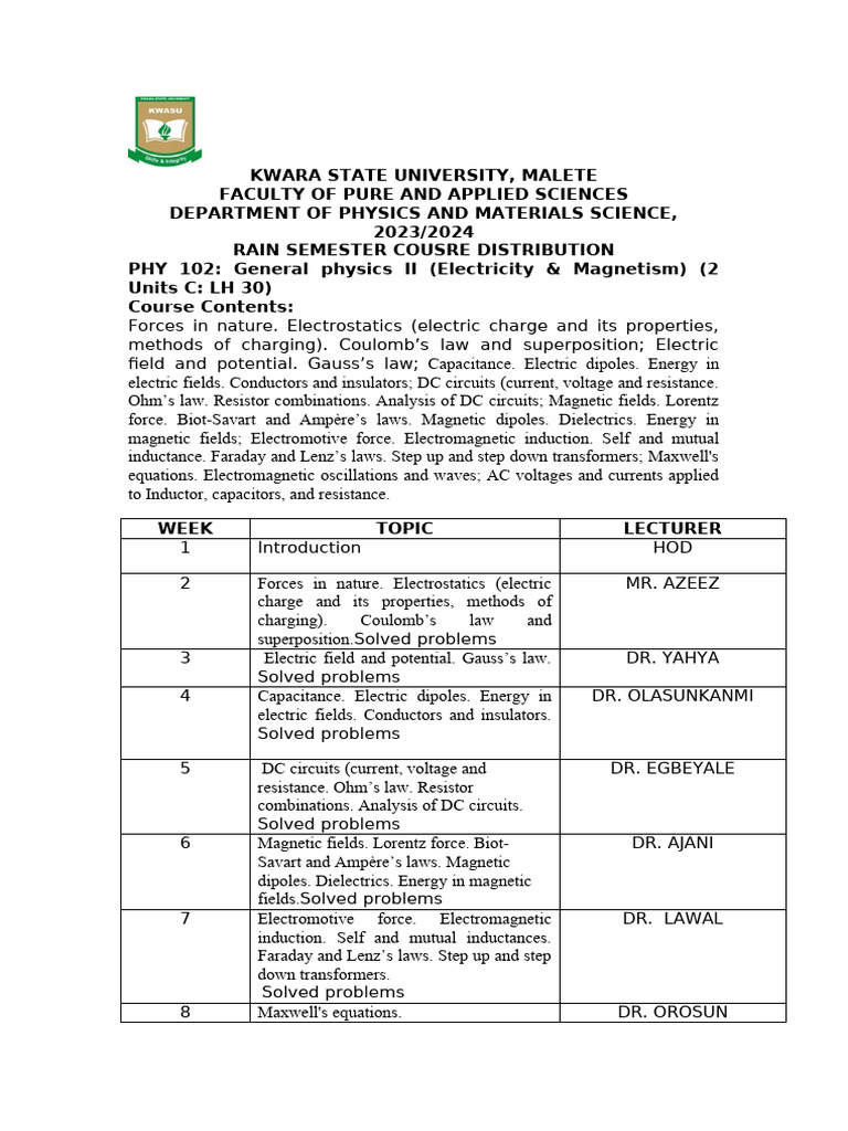 PHY 102 Course Distribution | PDF | Voltage | Electric Field