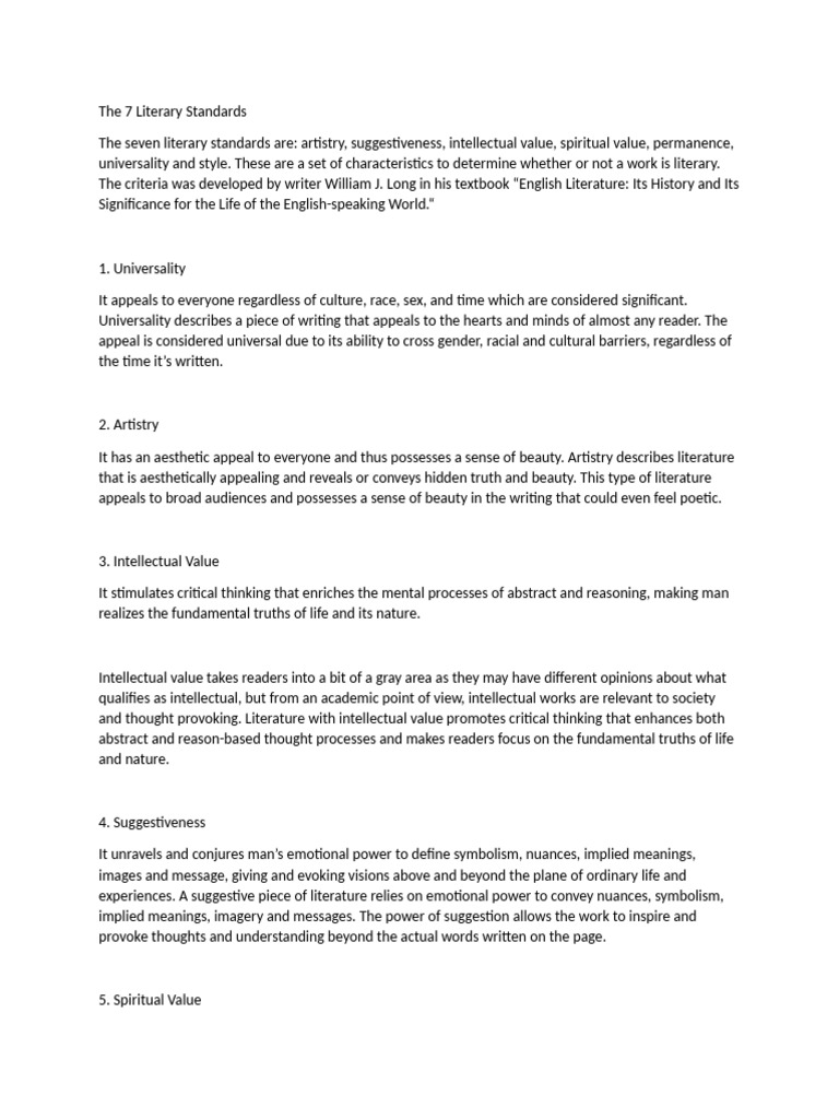 Understanding the 7 Literary Standards | PDF | Thought | Aesthetics