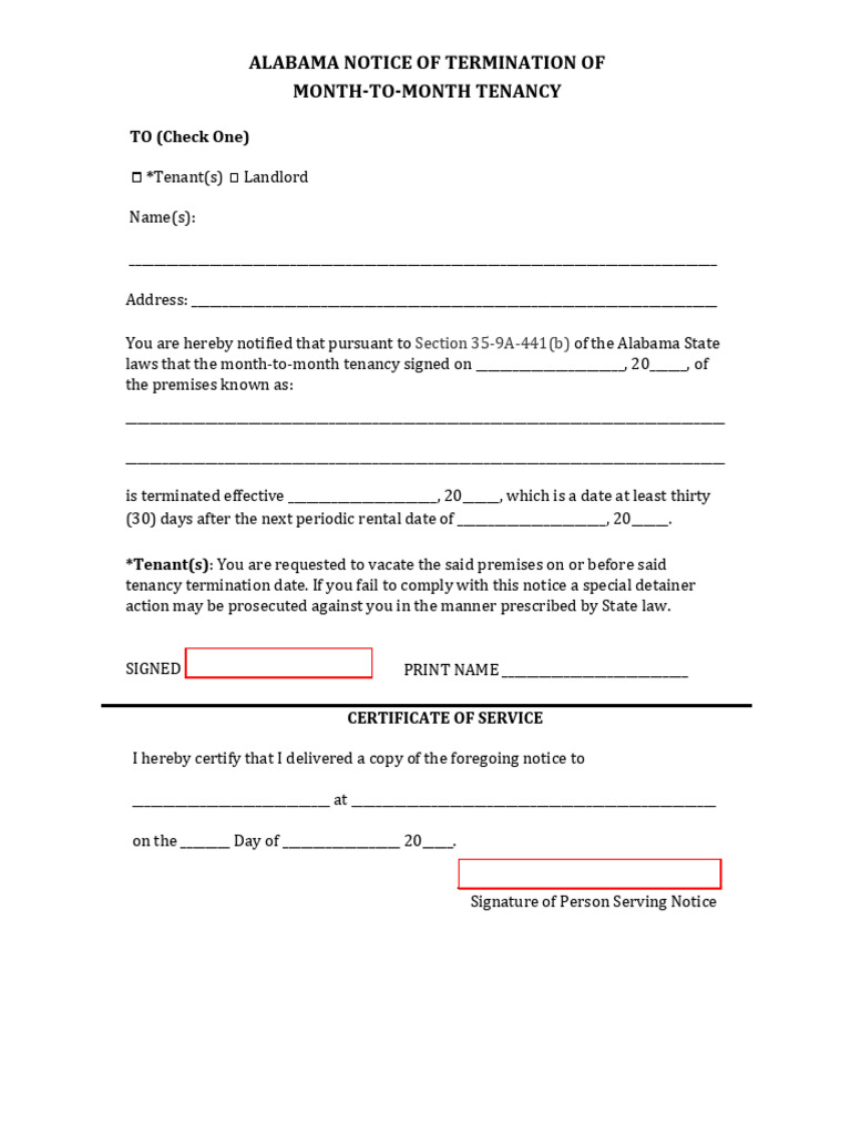 Alabama Month To Month Lease Termination Letter | PDF | Leasehold ...