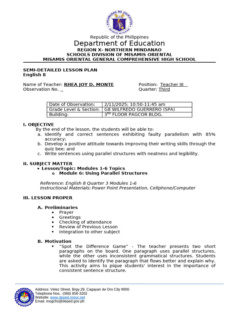 Parallelism Semi Detailed Lesson Plan | PDF | Sentence (Linguistics) | Semantic Units