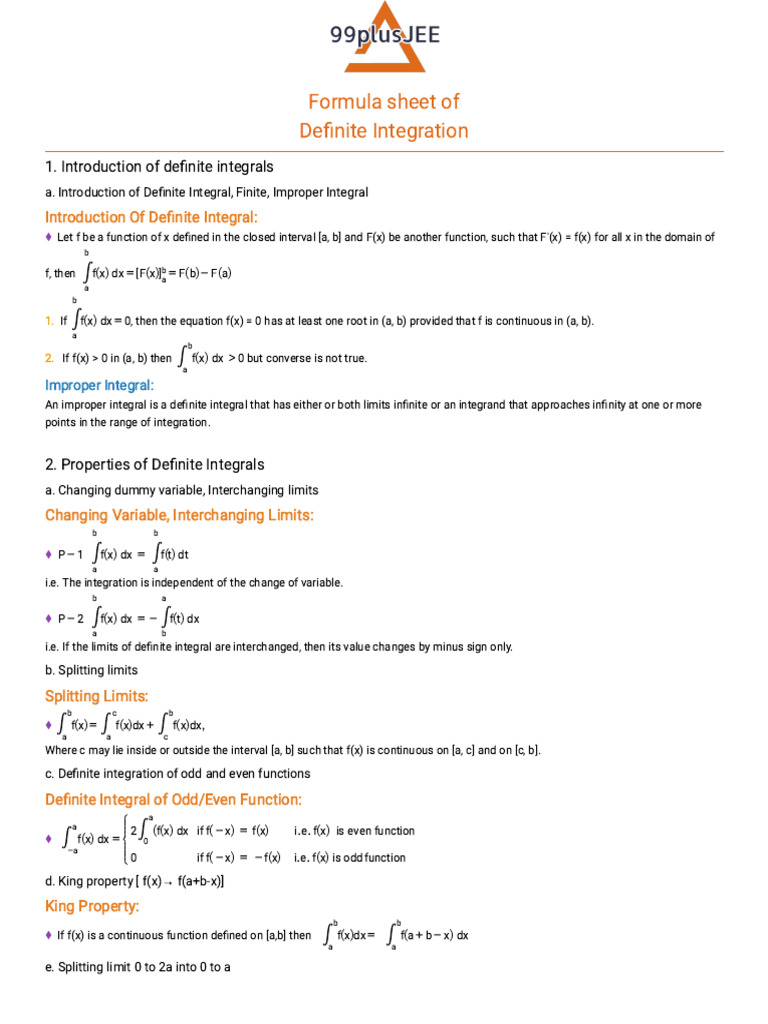 Dosts - Formula-Sheet - 682784507b829026125d0440.pdf Definite | PDF | Integral | Limit (Mathematics)