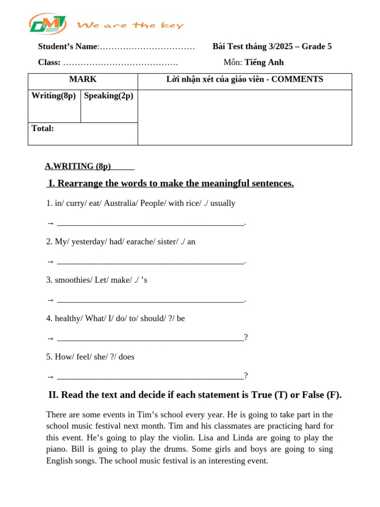 Test Writing Grade 5 | PDF