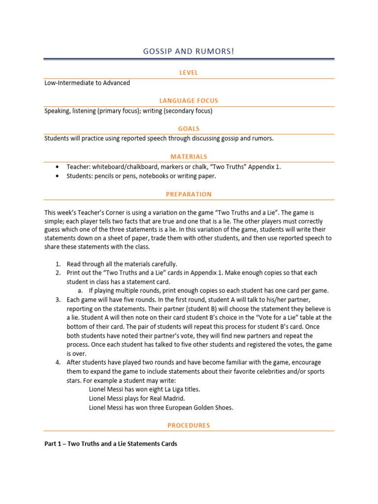 Gossip and Rumors - Reported Speech | PDF | Human Communication