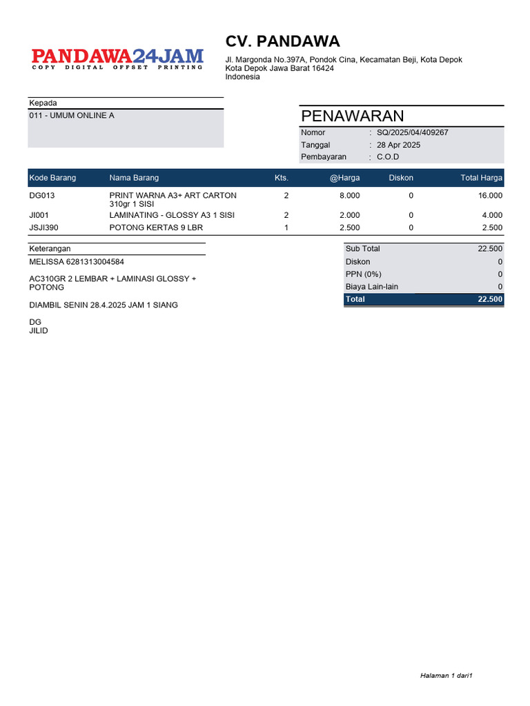 Cv. Pandawa: Penawaran | PDF