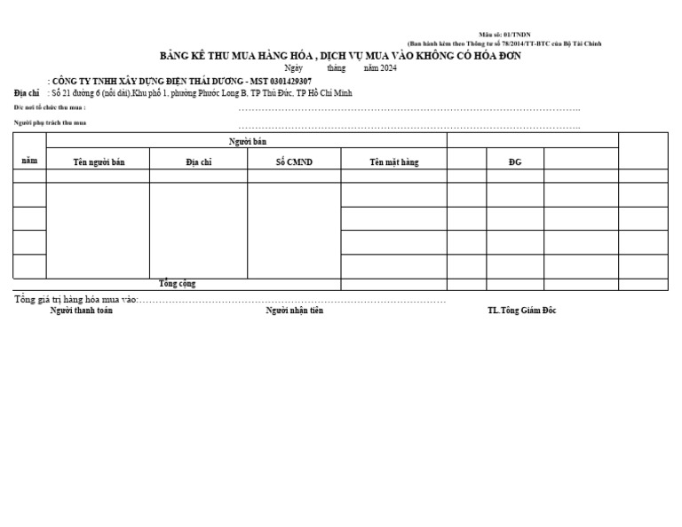 Mau Bang Ke Khong Co Hoa Don | PDF