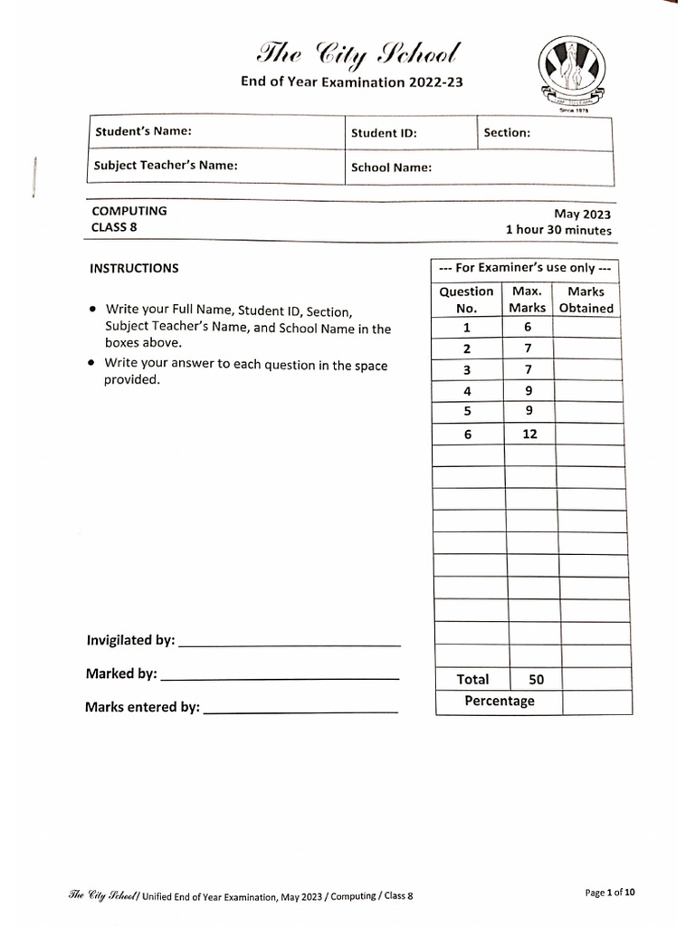 EOY EXAM (Computing - Class-8) 2022-23 | PDF