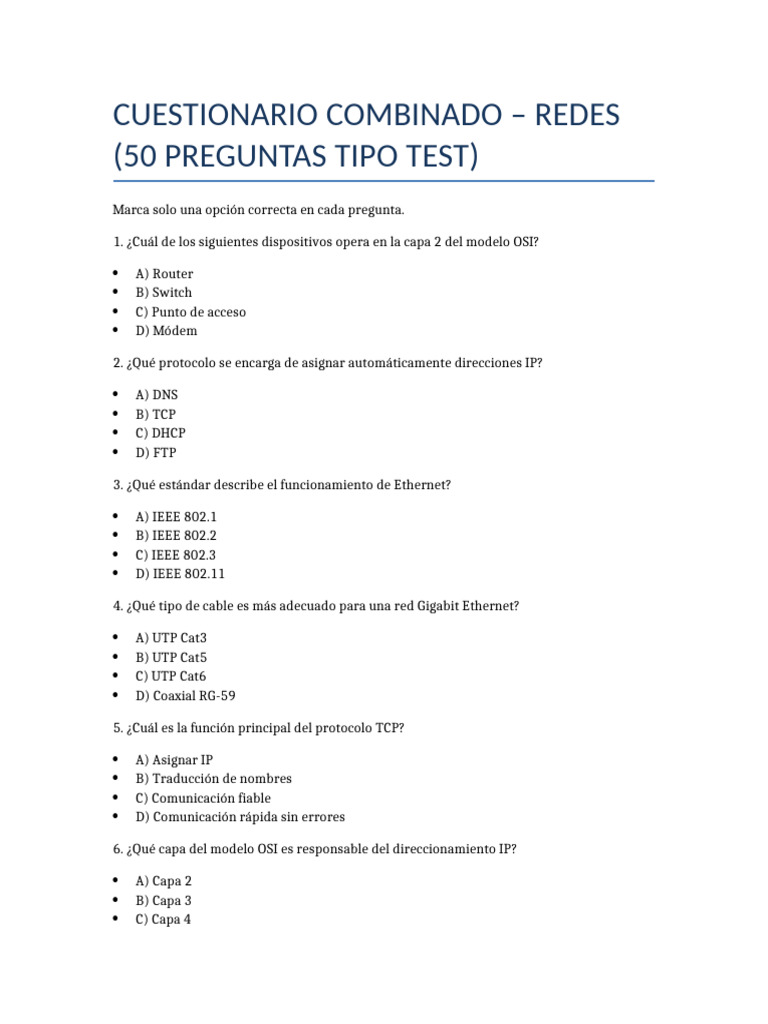 CUESTIONARIO_COMBINADO_50_PREGUNTAS_REDES_FINAL | PDF | Red de computadoras | Conmutador de red