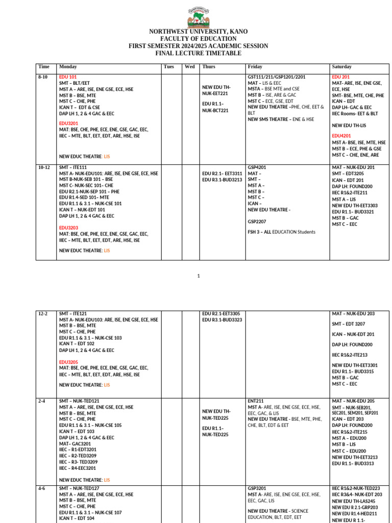 NWU Kano Education Timetable 2024/25 | PDF