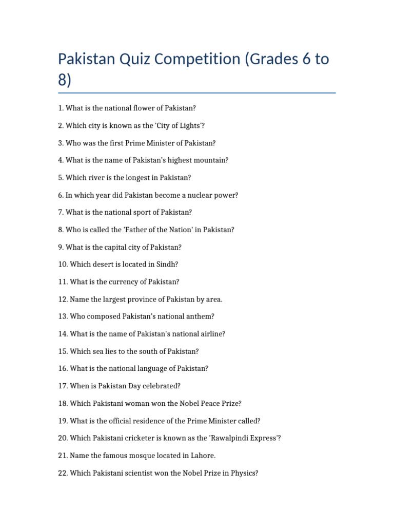 Pakistan Quiz Competition Grades 6 To 8 | PDF