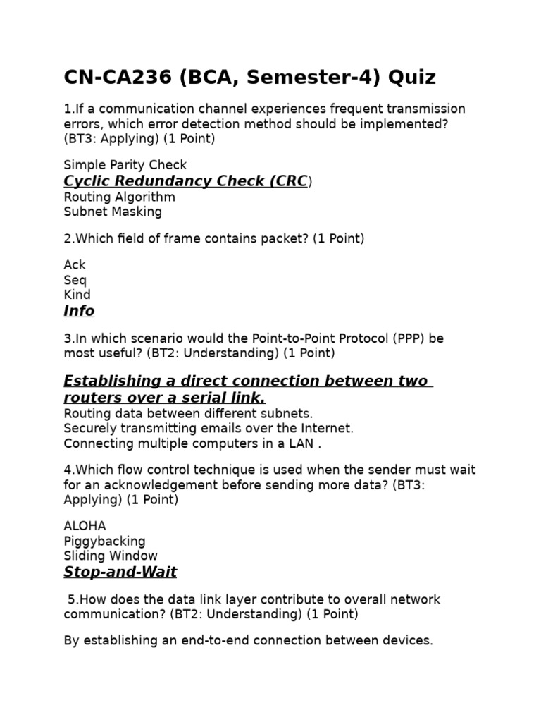 CN-CA236 (BCA, Semester-4) Quiz(1) | PDF | Computer Network | Error Detection And Correction