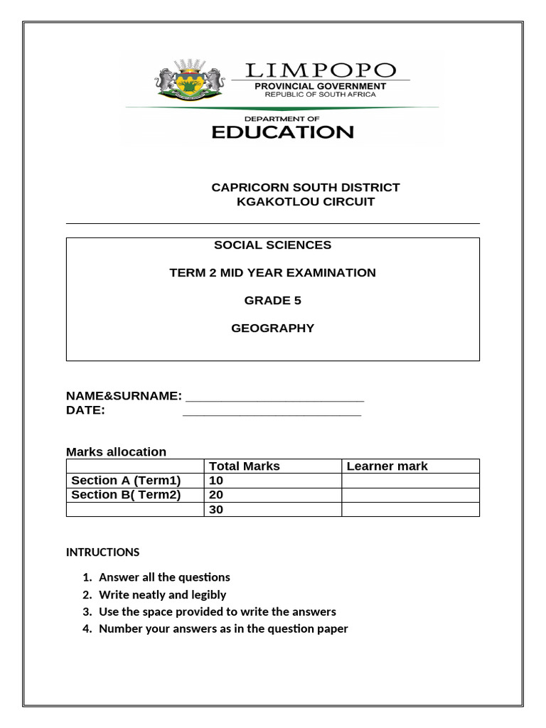Grade 5 Geography Term 2 Exam Paper | PDF | Earth Sciences | Physical ...