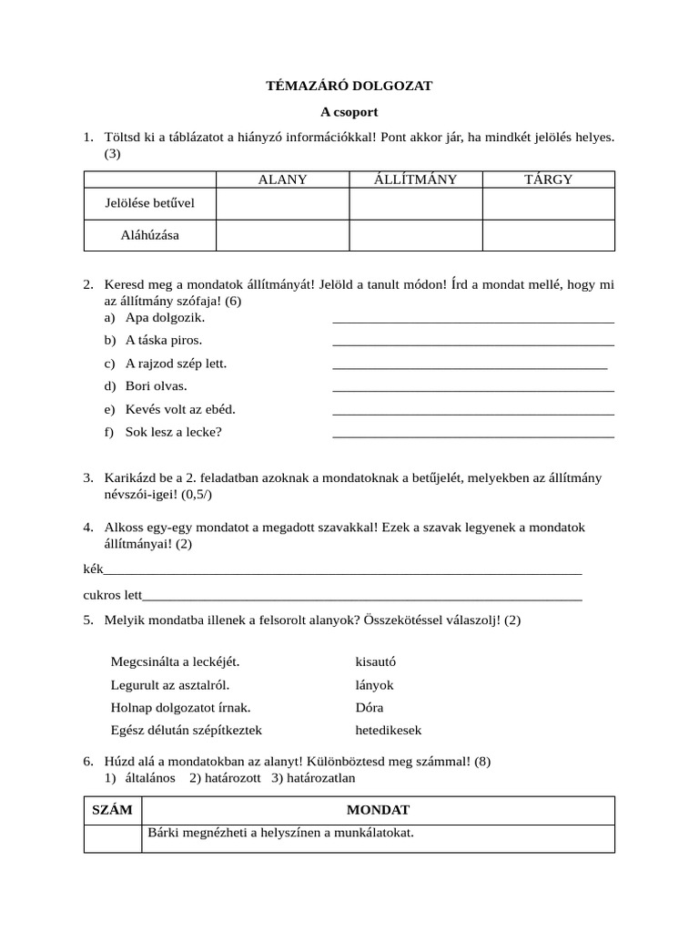 Témazáró Alany, Állítmány, Tárgy | PDF