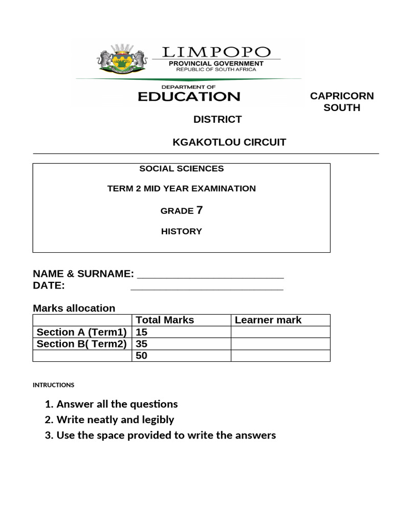 GR 7 History June Exam - 015217 - 025922-1 | PDF | Slavery