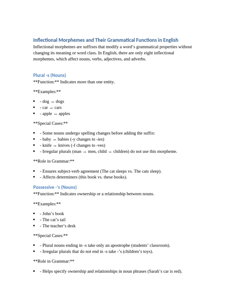 Inflectional Morphemes Detailed | PDF | Verb | Noun