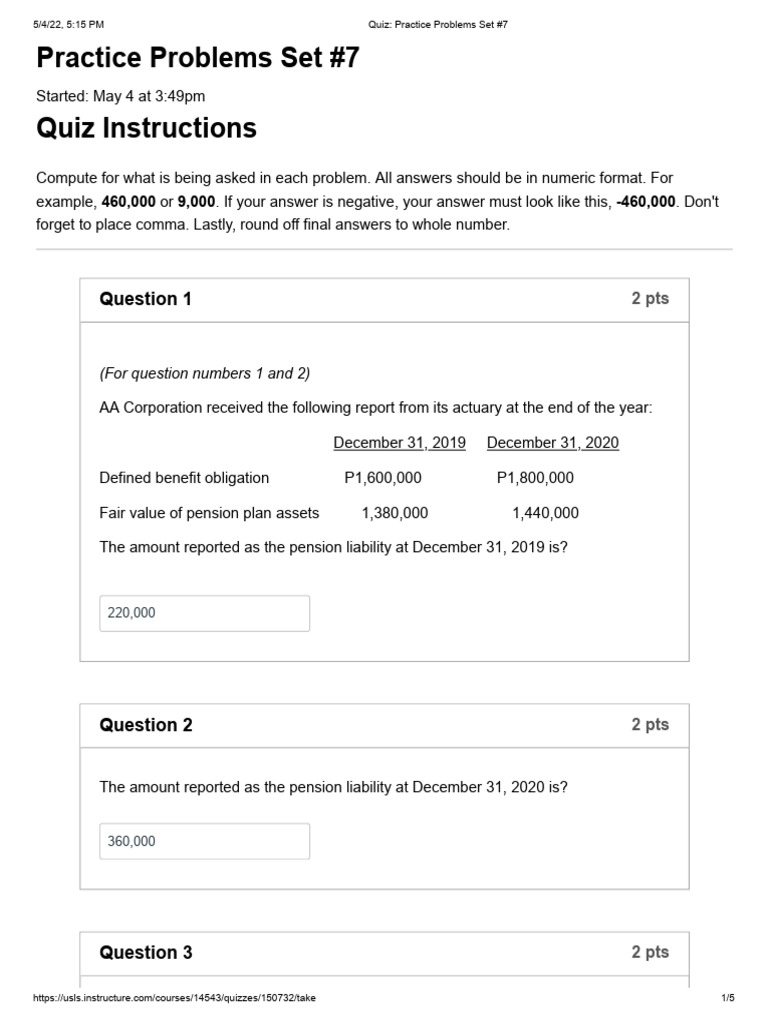 Quiz Practice Problems Set 7 | PDF | Pension | Defined Benefit Pension Plan
