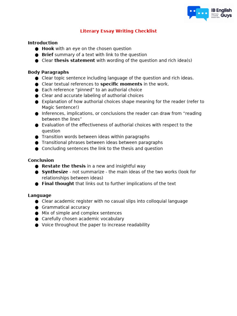 Literary Essay Writing Checklist | PDF