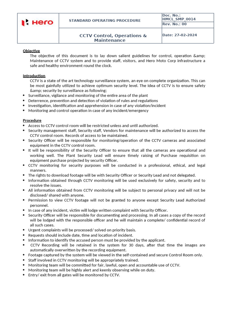 CCTV Operations and Maintenance SOP | PDF | Closed Circuit Television ...