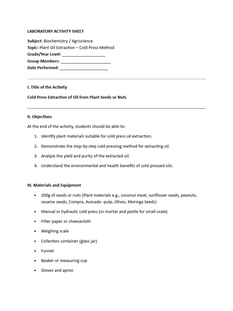 Cold Press Oil Extraction Lab Activity | PDF | Filtration | Seed