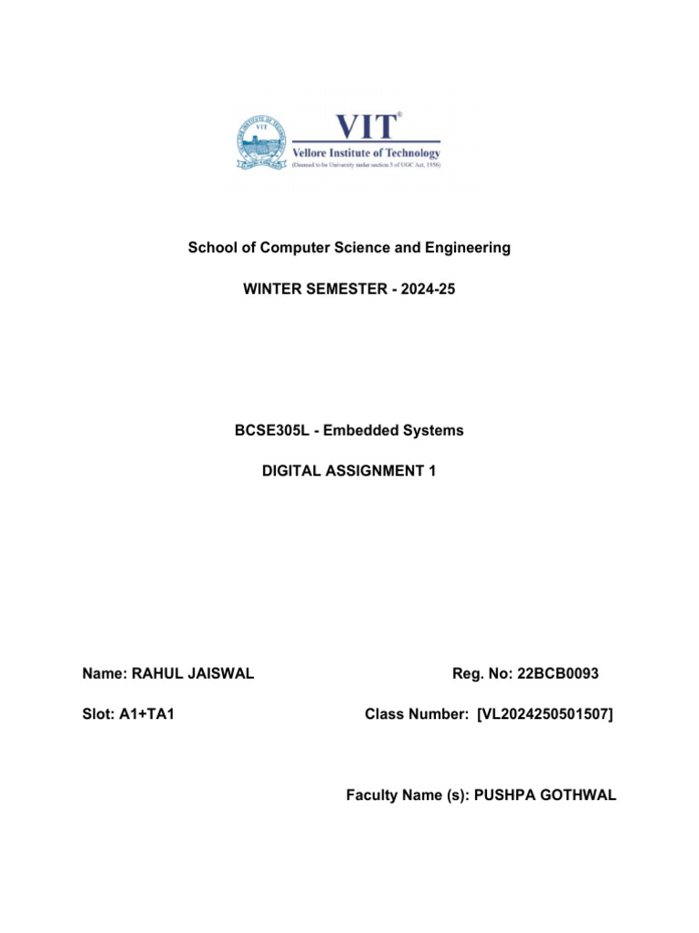 Embedded Systems Digital Assignment 1 | PDF