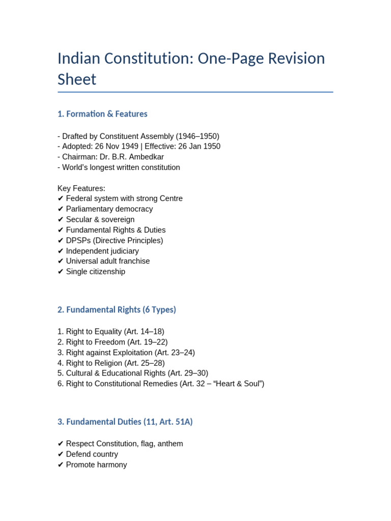 Indian Constitution One Page Revision | PDF