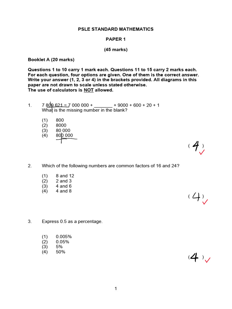 Marked PSLE-Standard-Maths-2024-Paper-1 | PDF | Arithmetic | Mathematics