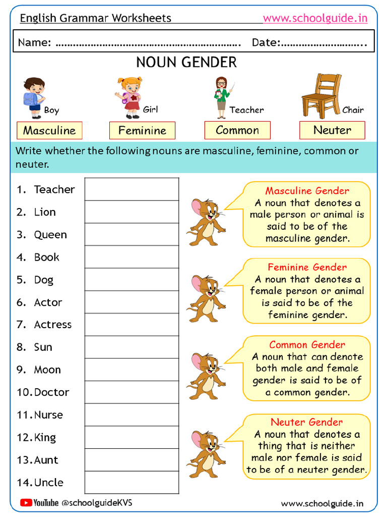 Noun Gender Worksheet 1 | PDF