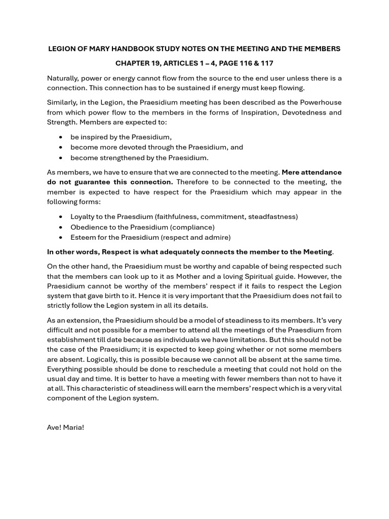 Legion of Mary Handbook Study Notes On The Meeting and The Members | PDF