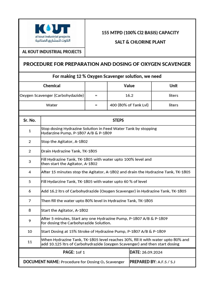 Oxygen Scavenger Dosing Procedure | PDF