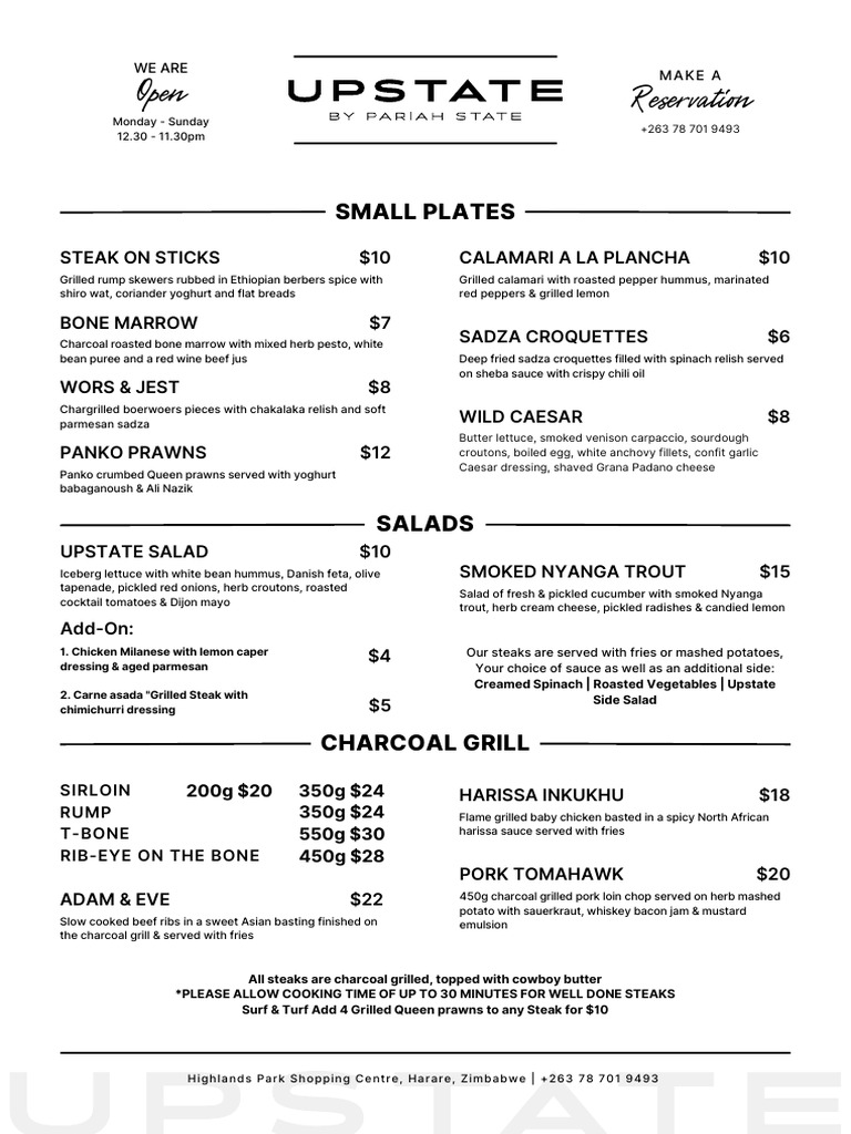 Upstate by Pariah Food + Drinks Menu | PDF | Grilling | Salad