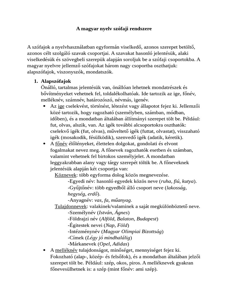 A Magyar Nyelv Szófaji Rendszere | PDF