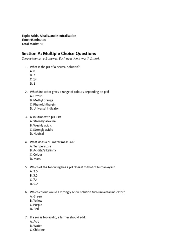 Acids, Alkalis, and Neutralisation Quiz | PDF | Ph | Acid