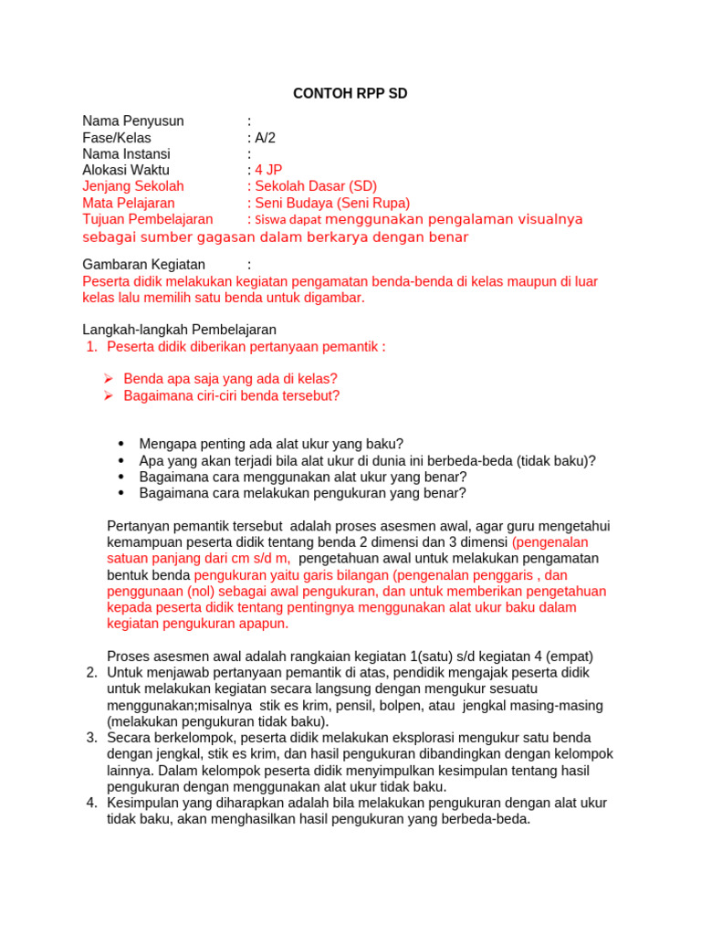 CONTOH RPP SD Panduan | PDF