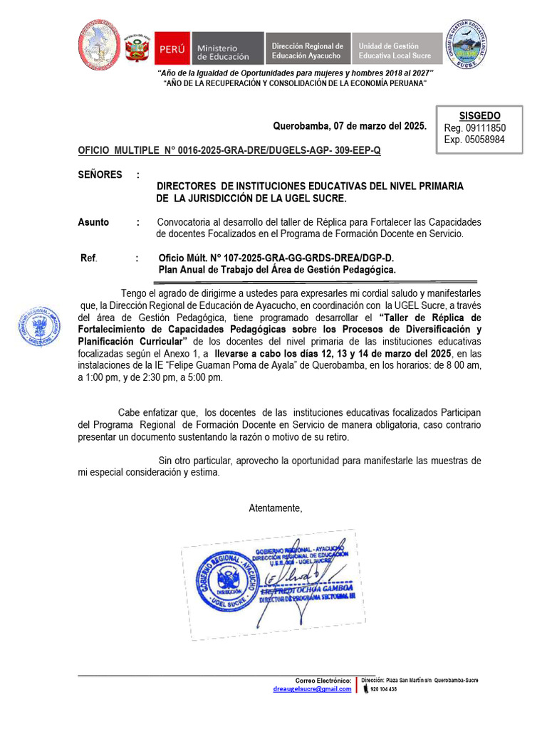 Oficio Mult 016 - de Convocatoria para Taller Primaria 2025 | PDF