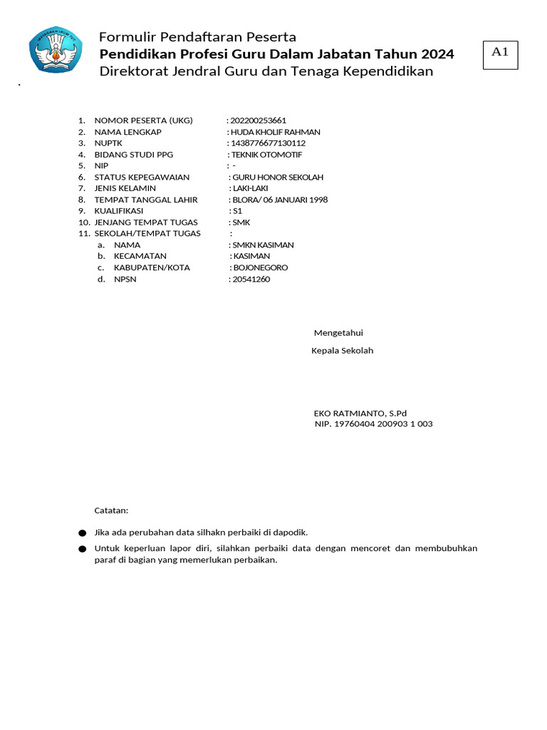 Huda Kholif Rahman - Formulir A1 | PDF