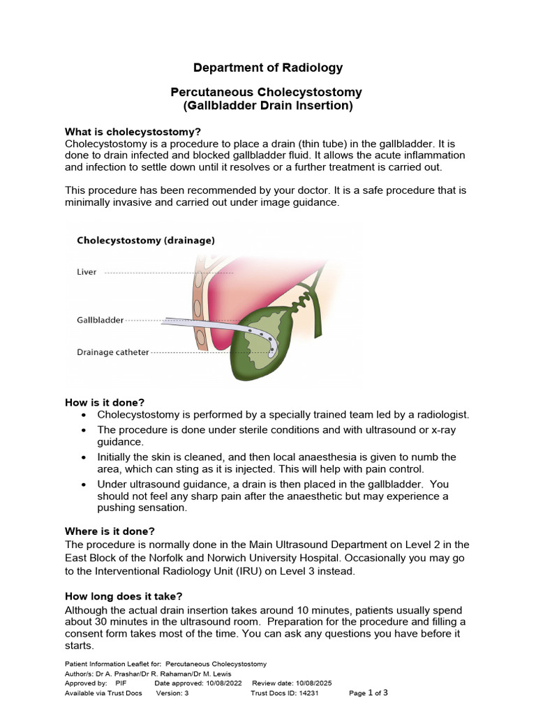 Cholecystostomy Care and Procedure Guide | PDF | Radiology | Medical ...