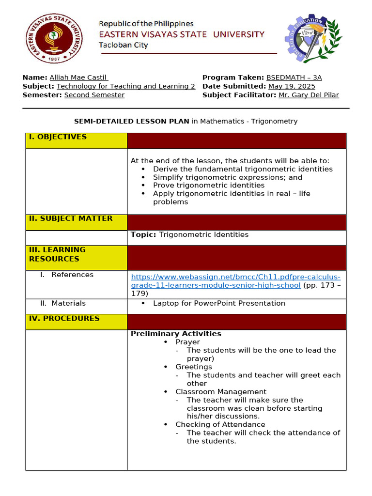 4a's Lesson Plan - Trigonometric Identities | PDF | Trigonometric ...