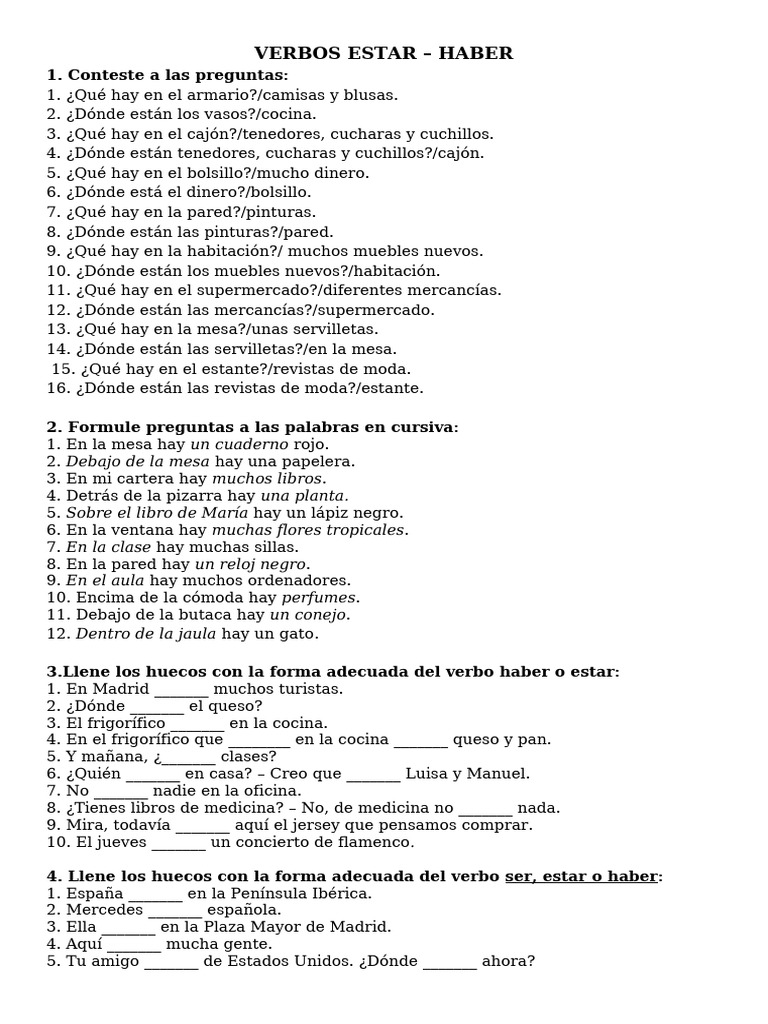 Verbos Estar - Haber: 1. Conteste A Las Preguntas | PDF