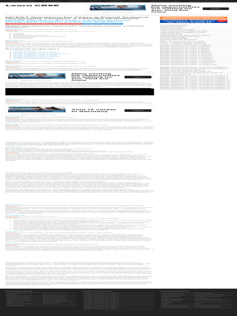 NCERT Solutions For Class 9 Social Science Geogra | PDF | Monsoon | Rain