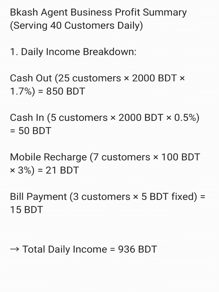 Bkash Agent Business Profit Summary (Serving 40 Customers Daily) | PDF