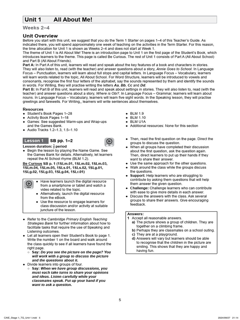 grade 1 unit 1 | PDF | Cognition | Writing