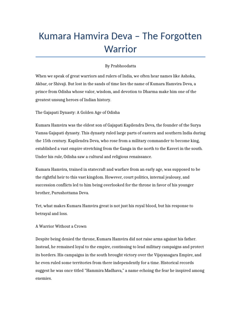 Kumara Hamvira Deva The Forgotten Warrior | PDF