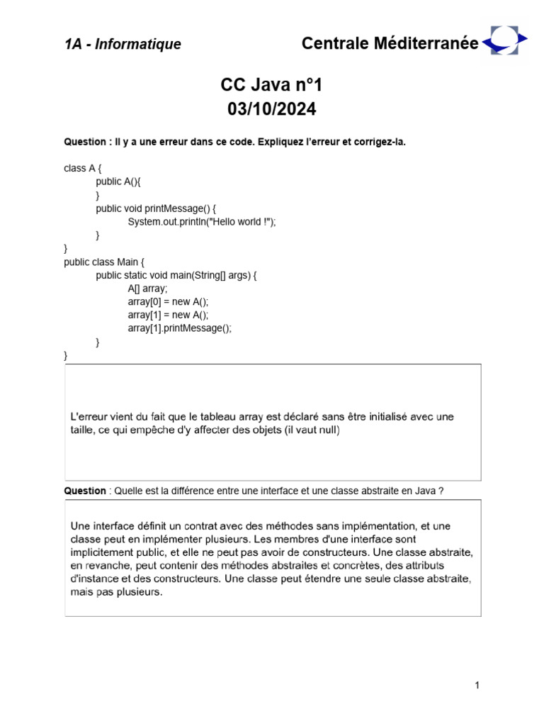 Erreurs de code Java et concepts clés | PDF