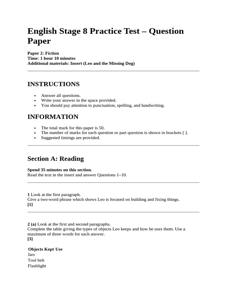 English Stage 8 Fiction Practice Test | PDF