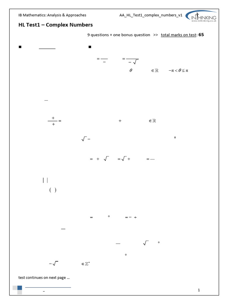 Aa HL Test1 Complex Numbers v1 | PDF | Arithmetic | Elementary Mathematics