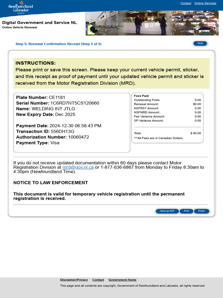 Vehicle Registration Renewal Receipt NL | PDF | Vehicles