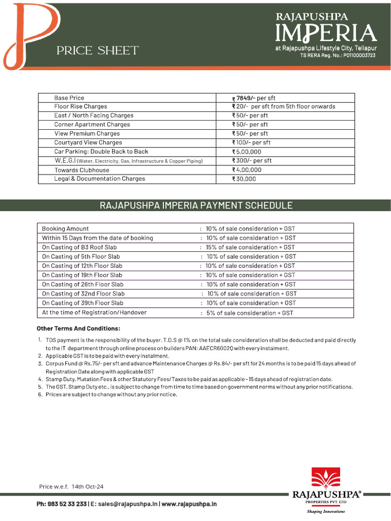 Rajapushpa Imperia Price Sheet | PDF